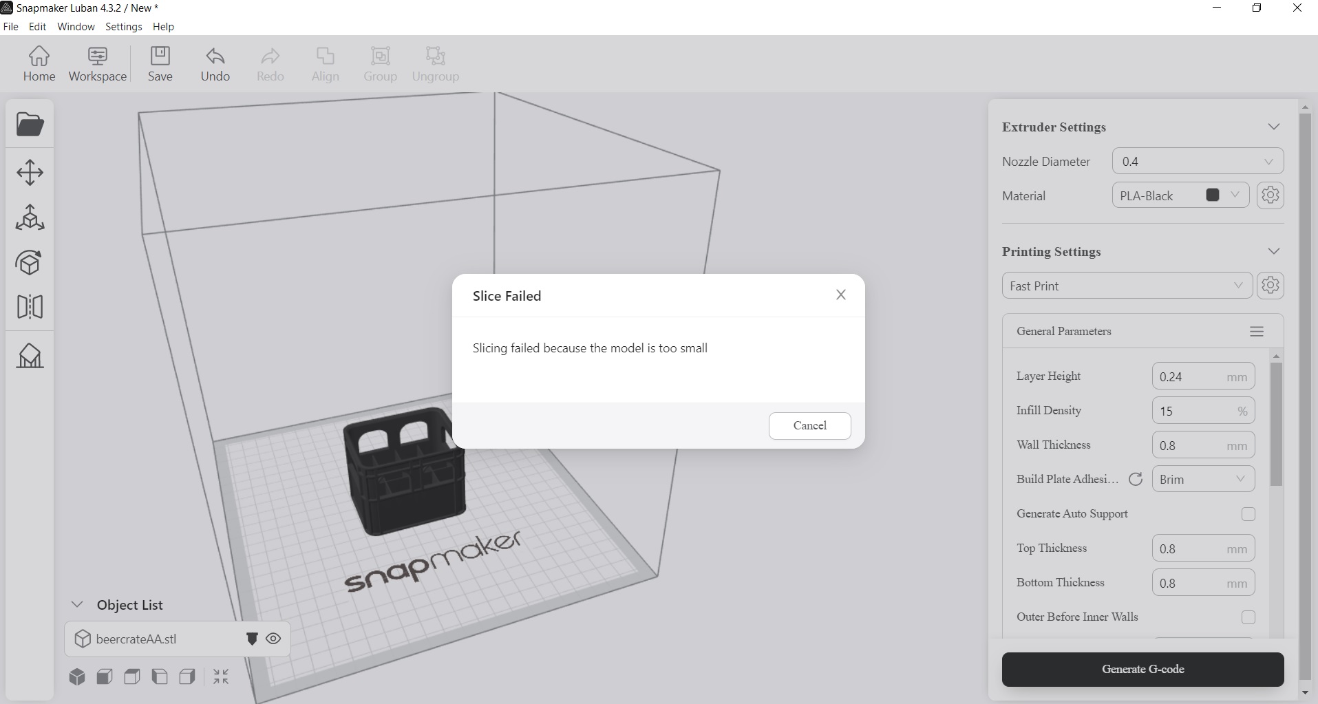 Bug: Slice failed, model is too small · Issue #1640 · Snapmaker/Luban · GitHub