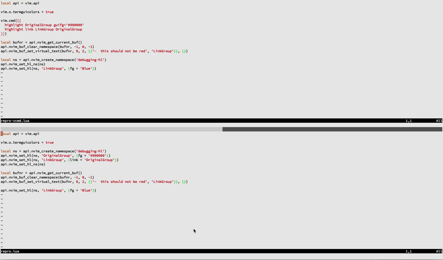 When using nvim_set_hl, changing linked group has no effect · Issue #13246 · neovim/neovim · GitHub