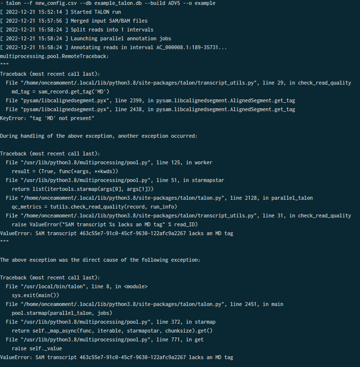Error message : ValueError: SAM transcript 463c55e7-91c0-45cf-9630-122afc9a2267 lacks an MD tag ...