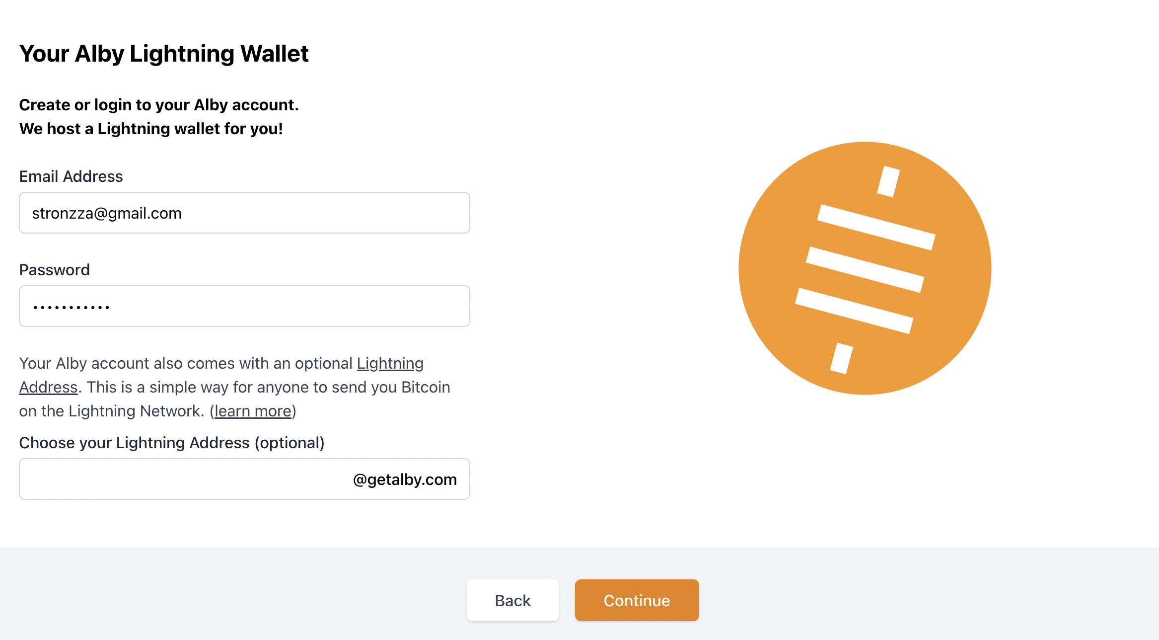 Incorrect password entry for existing email on the "Your Alby Lightning Wallet" web page does ...