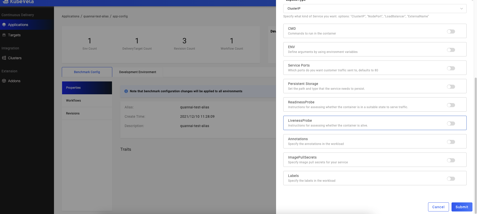 [BUG] edit properties disable liveness readness ..etc, not work · Issue #262 · kubevela/velaux ...