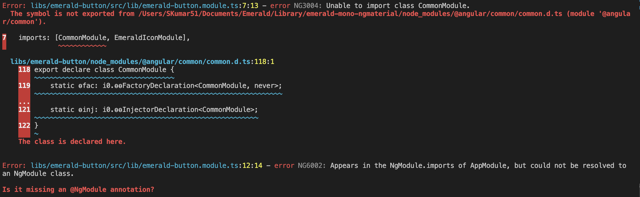 Getting "Unable to import class CommonModule" error while importing a one library into another ...