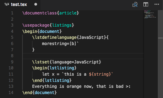 Syntax highlighting issue when dealing with listings · Issue #195 · James-Yu/LaTeX-Workshop · GitHub
