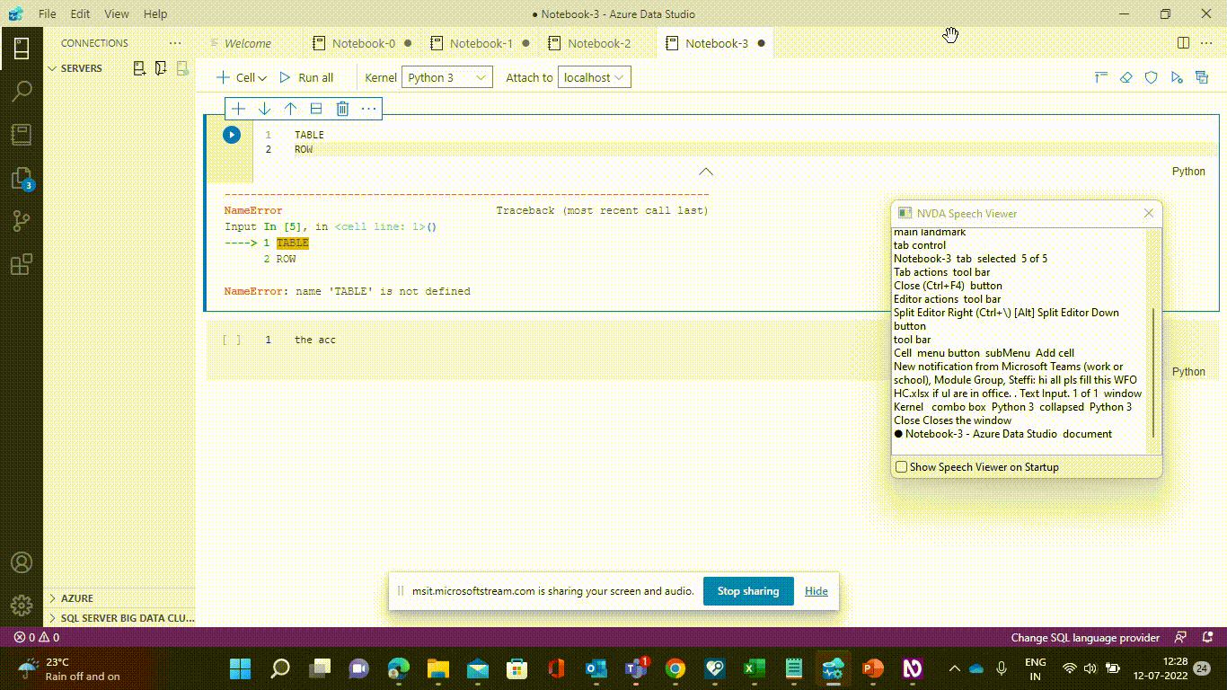 A11y_SQLAzureDataStudio_Notebook_Create new notebook_ScreenReader: There is no announcement of ...