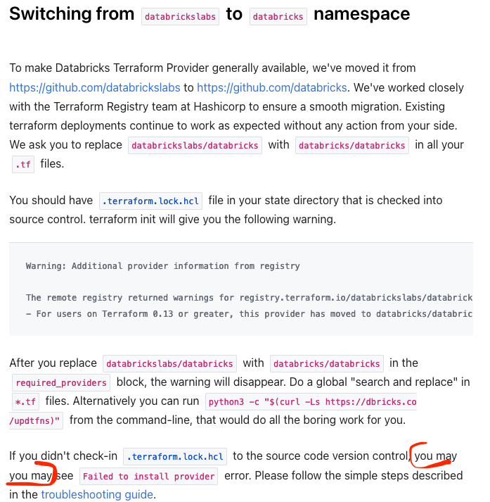 [DOC] Typo in section Switching databrickslabs to databricks namespace · Issue #1443 ...