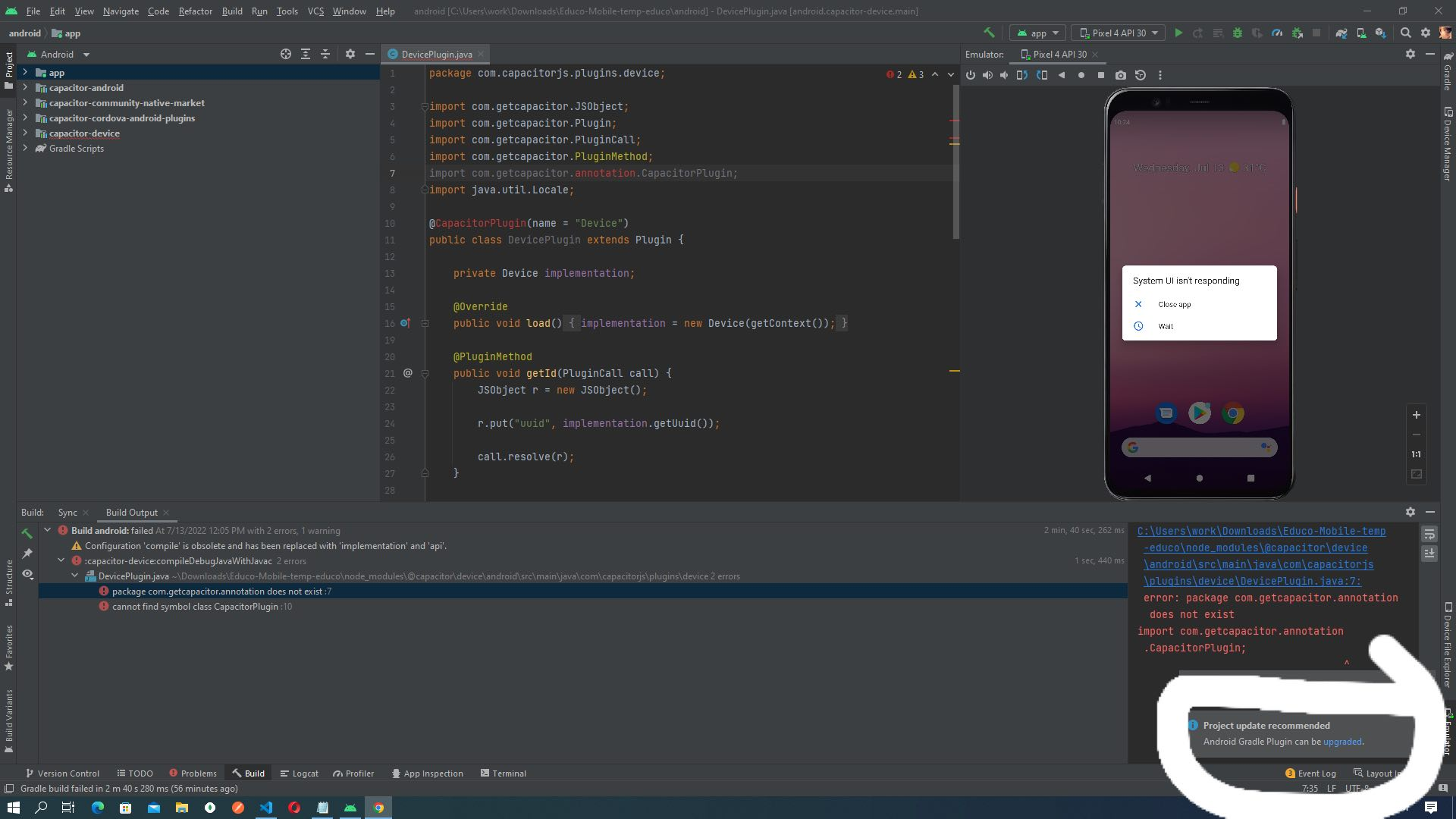 bug: error: package com.getcapacitor.annotation does not exist import com.getcapacitor ...