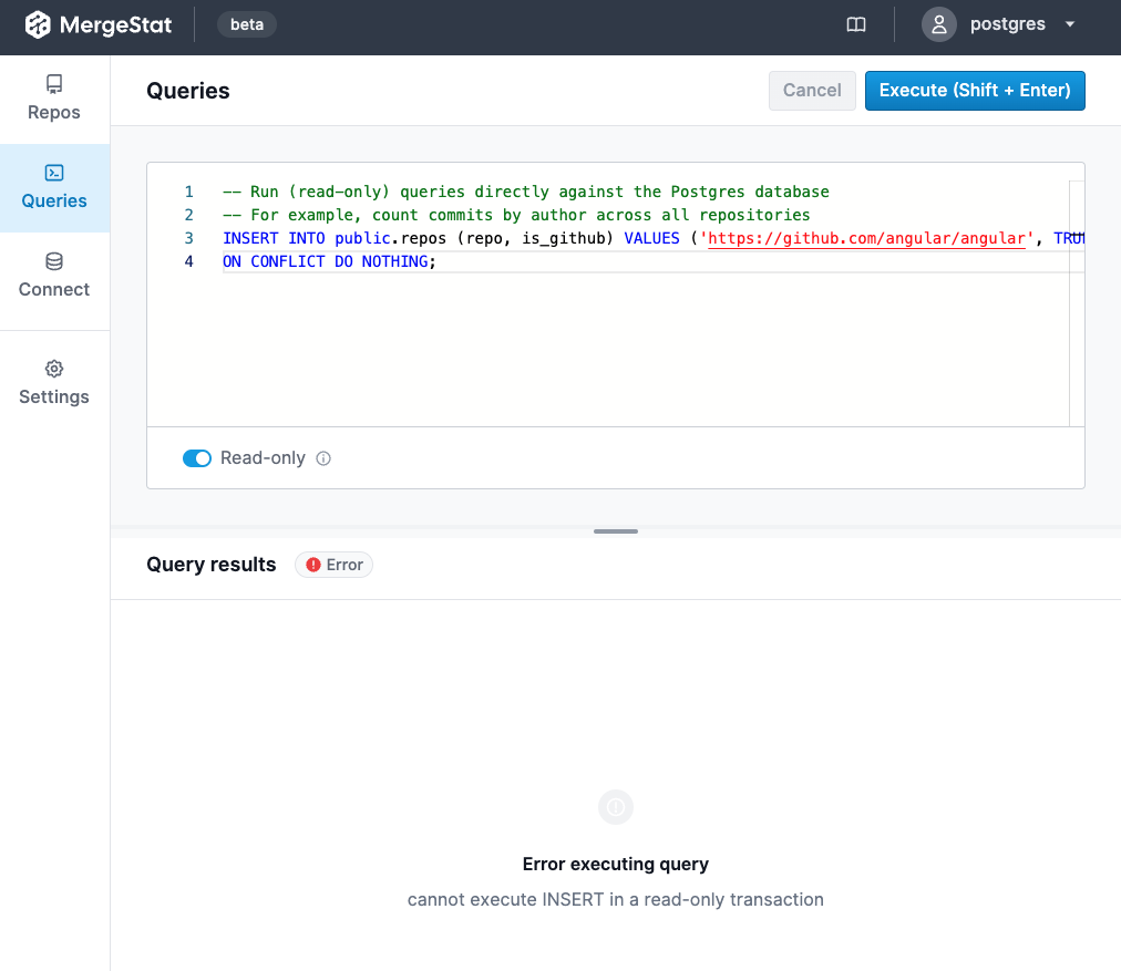Allow for non-read-only queries in the `Queries` UI · Issue #481 · mergestat/mergestat · GitHub
