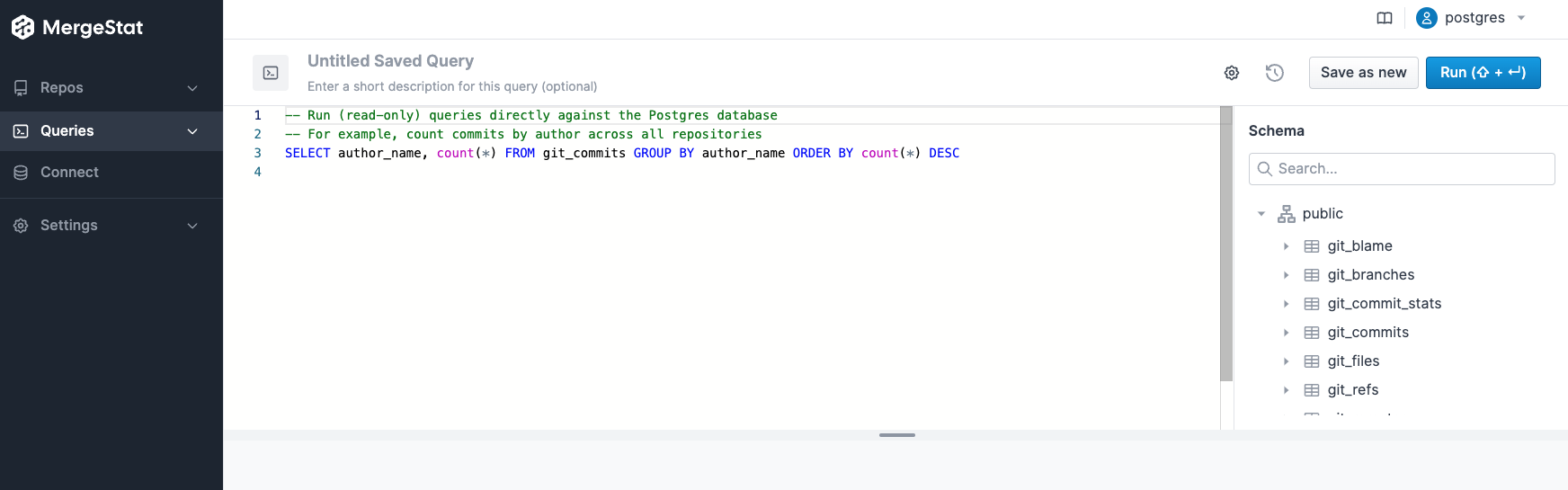 Implement basic schema info in the Query UI frontend · Issue #521 · mergestat/mergestat · GitHub