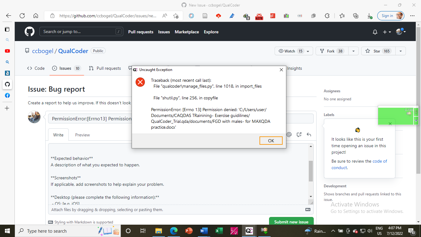 PermissionError:[Errno13] Permission denied · Issue #688 · ccbogel/QualCoder · GitHub