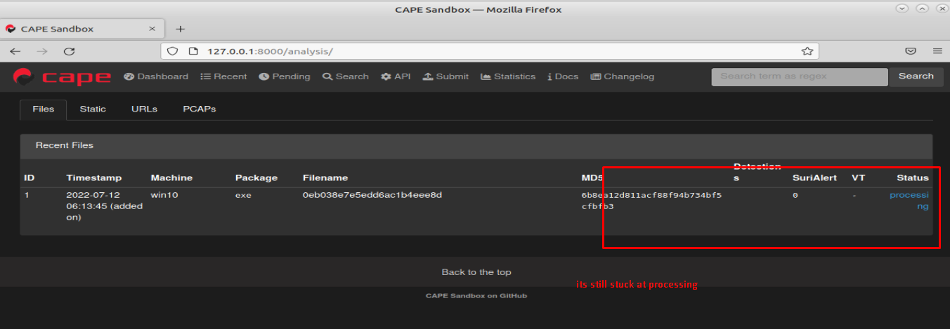 Task complete but still Processing result not showing · Issue #999 · kevoreilly/CAPEv2 · GitHub