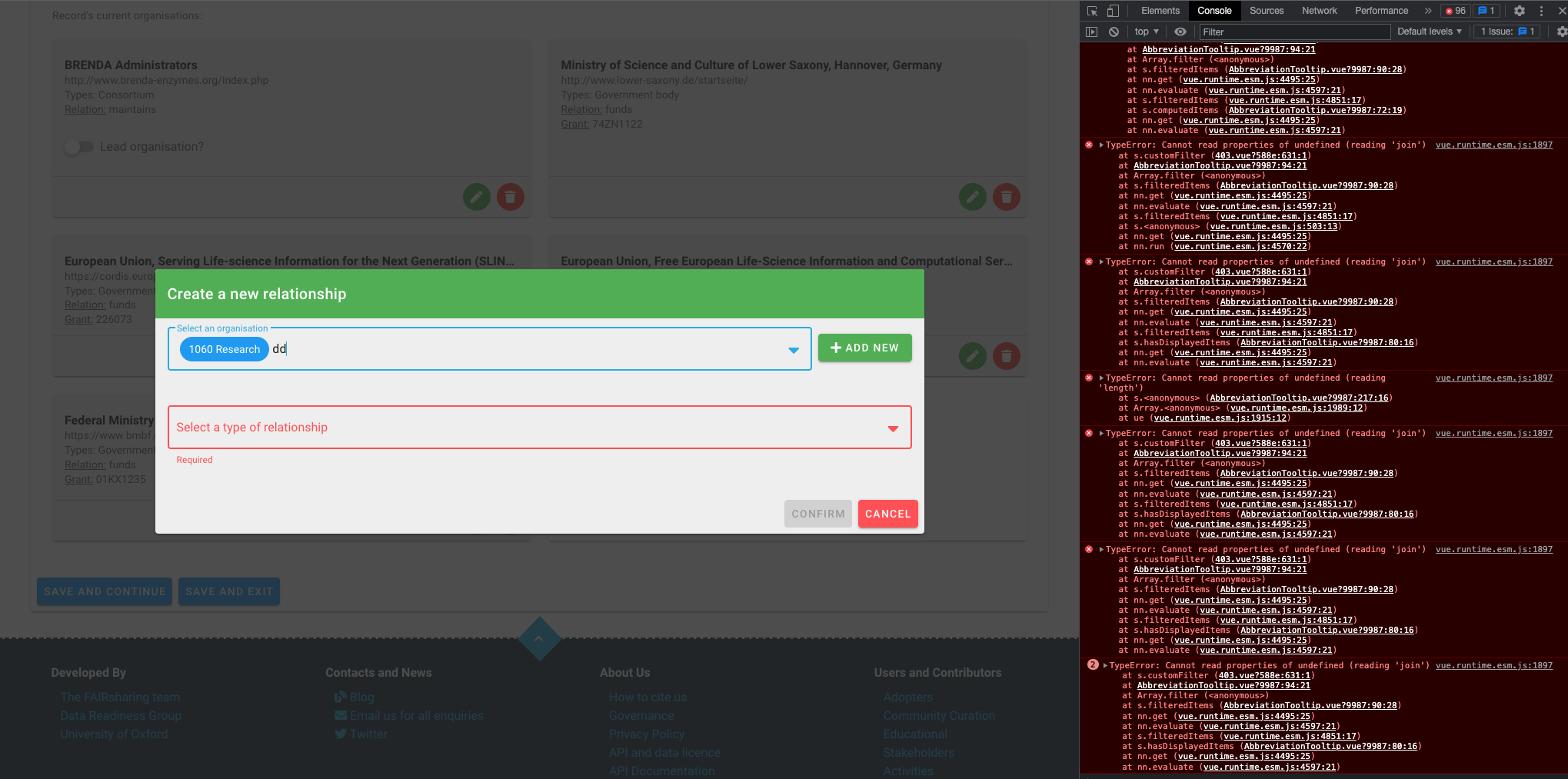 Error while selecting organisation · Issue #1799 · FAIRsharing/fairsharing.github.io · GitHub