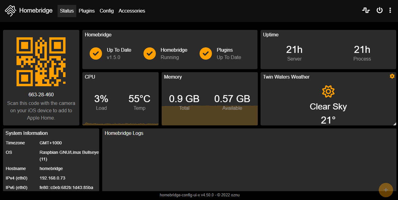 Homebridge Logs screen on status screen does not show any information ...