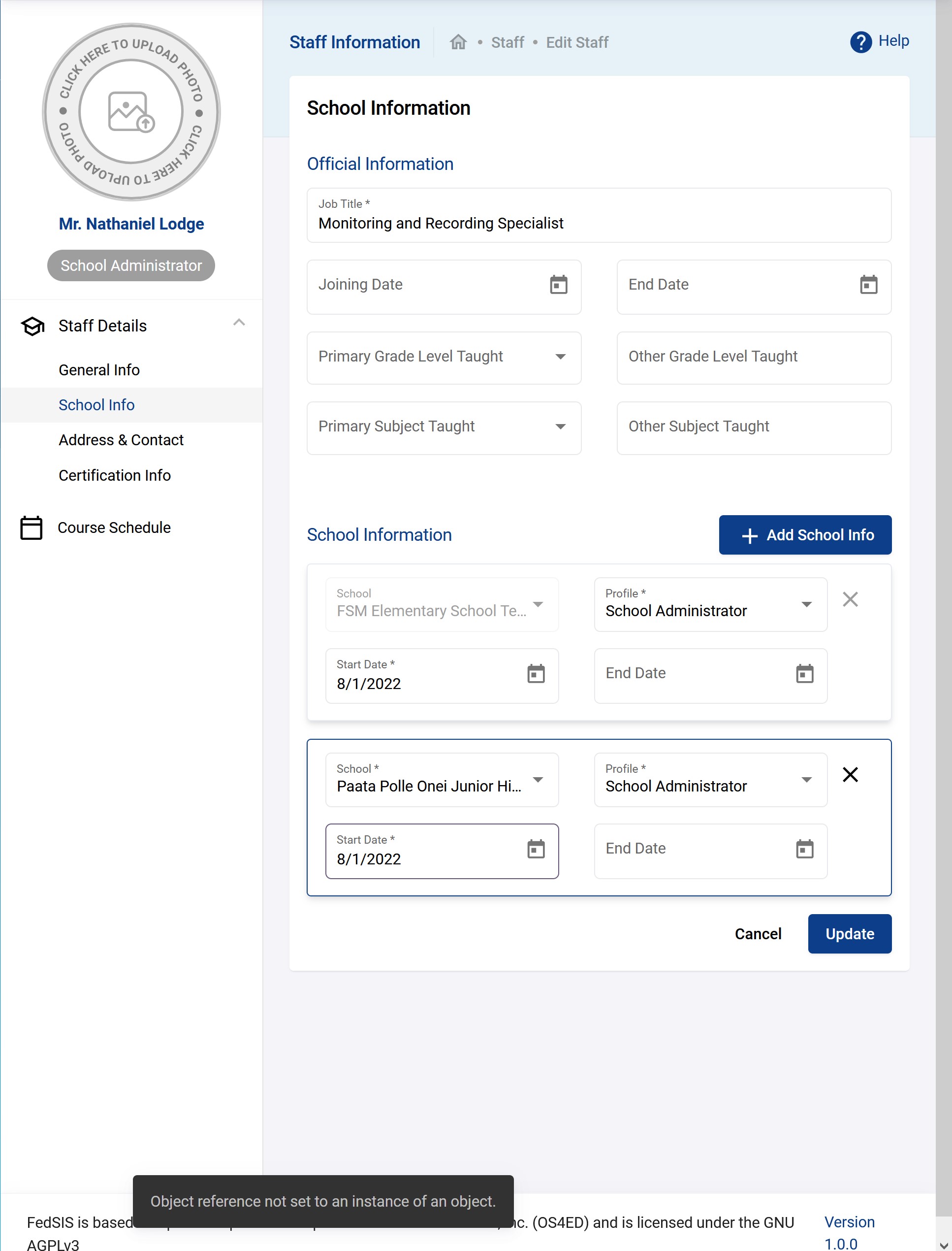 Can not assign a school to a staff · Issue #494 · PacificEMIS/Pacific-SIS · GitHub