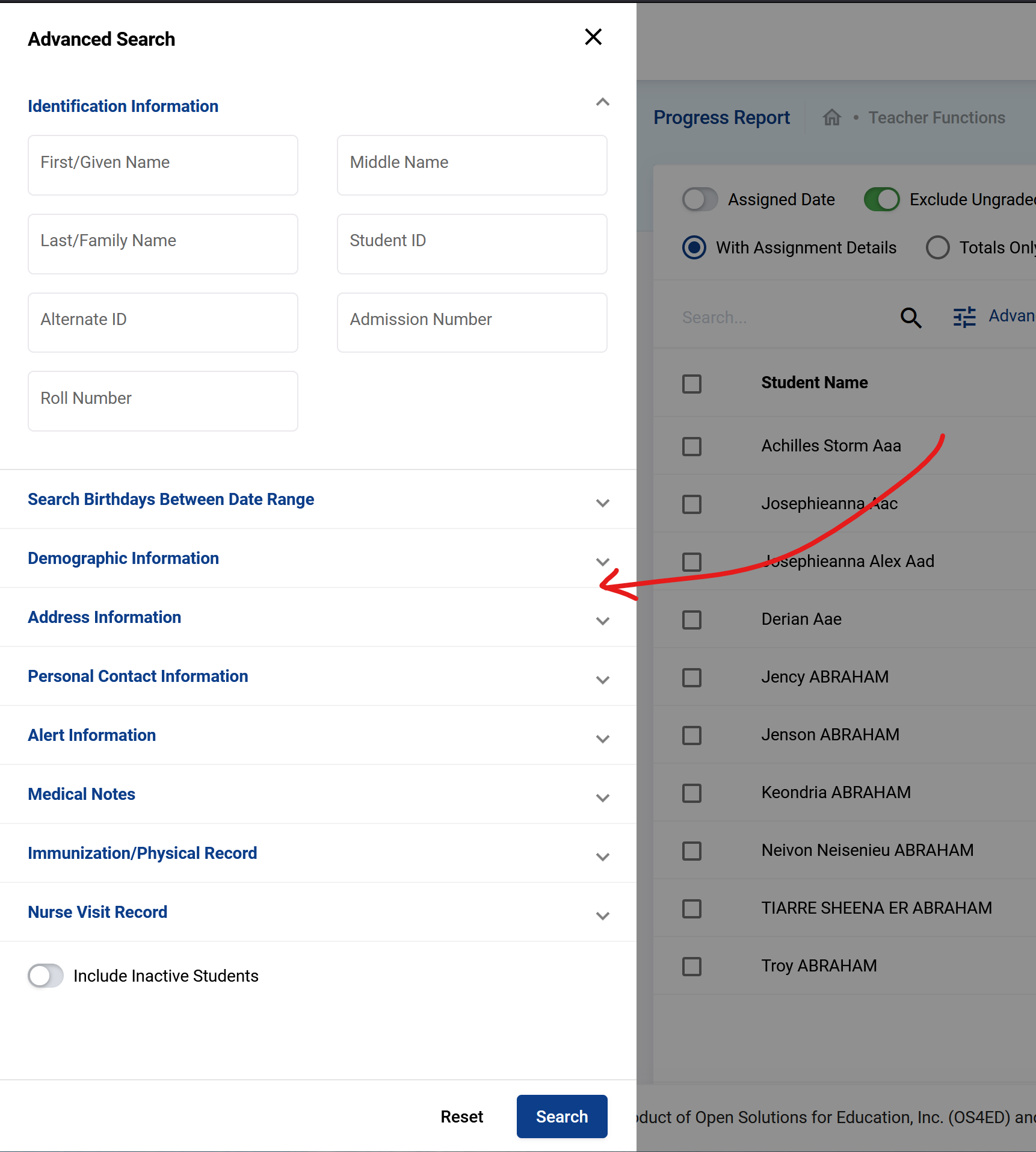 Advanced search of student incomplete in some reporting feature · Issue ...