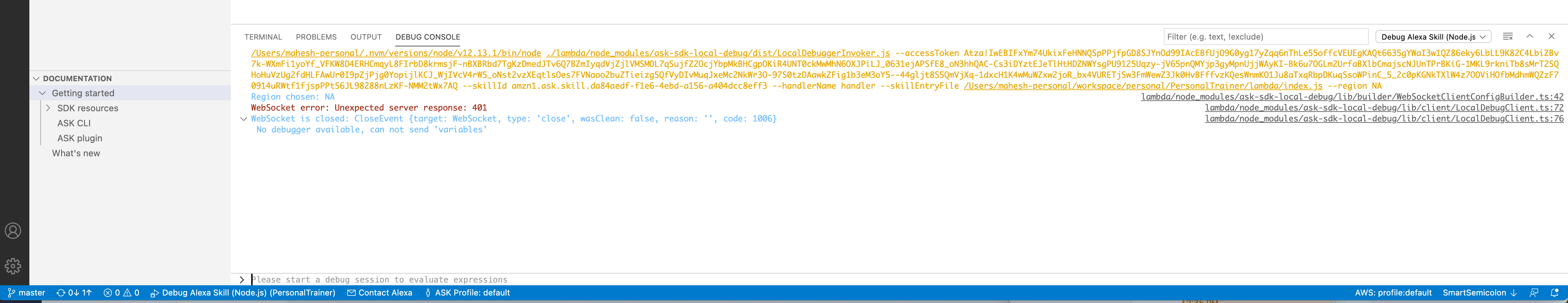 Local debugging fails with 401 error · Issue #64 · alexa/ask-toolkit-for-vscode · GitHub