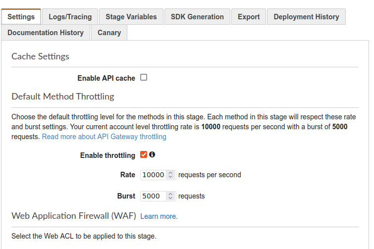(apigateway): setting deployOptions metricsEnabled causes throttling ...