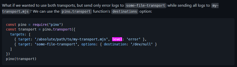 Pino Transport log level is ignored · Issue #1363 · pinojs/pino · GitHub