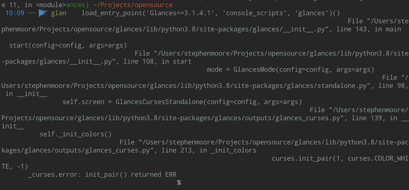 curses error init_pair() returned ERR · Issue #1653 · nicolargo/glances · GitHub