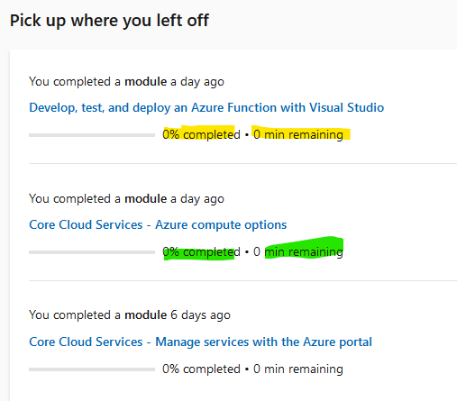 Completed module showing 0% completion · Issue #2161 · MicrosoftDocs ...