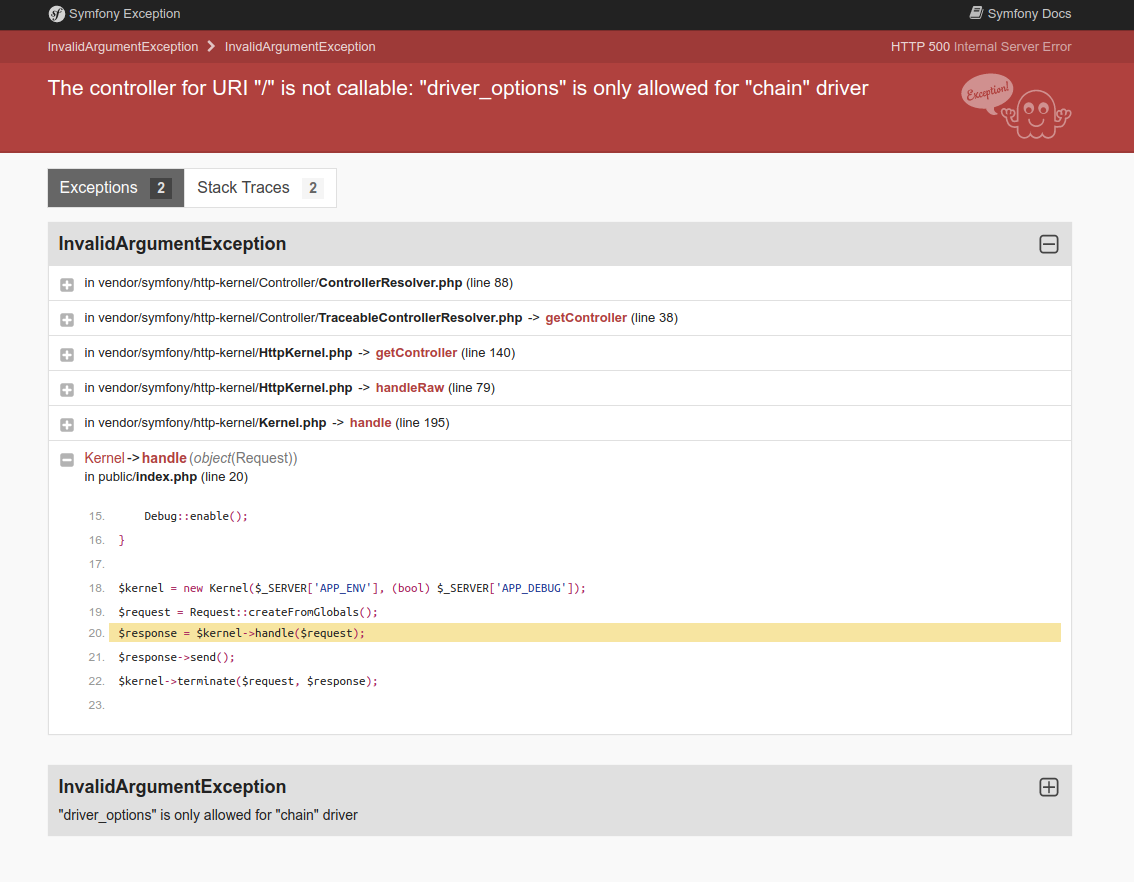 [BUG] The controller for URI "/" is not callable: "driver_options" is only allowed for "chain ...