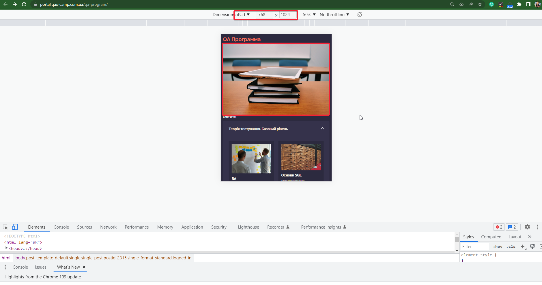 Shown preview picture in the tablet (screen size 768x1024) - block "Теорія тестування. Базовий ...
