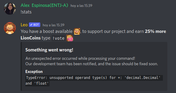 TypeError: unsupported operand type(s) for +: 'decimal.Decimal' and 'float' when !stats · Issue ...