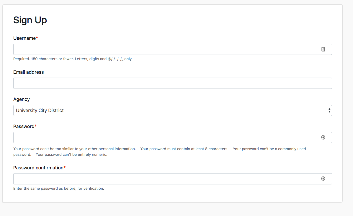 User signup page is missing its submit button! · Issue #182 · datamade/just-spaces · GitHub