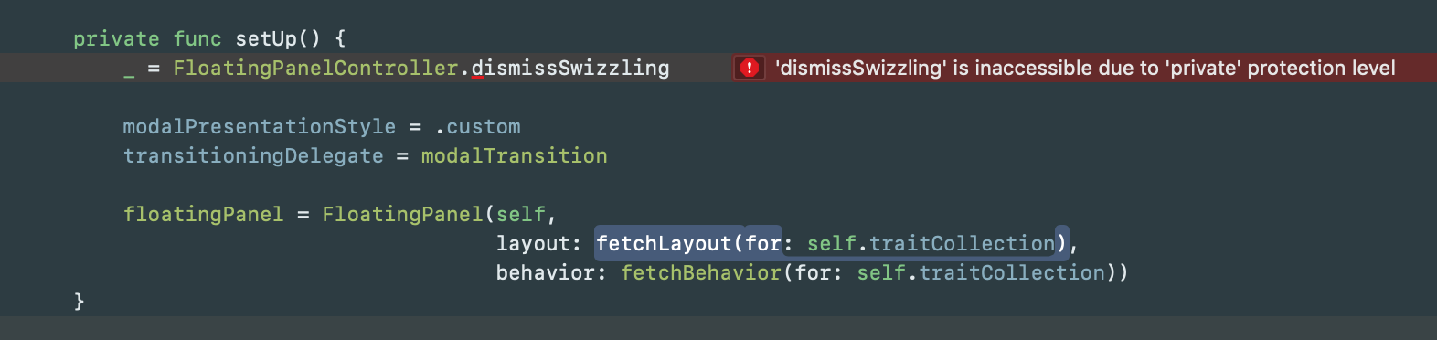 'dismissSwizzling' is inaccessible due to 'private' protection level · Issue #130 · scenee ...