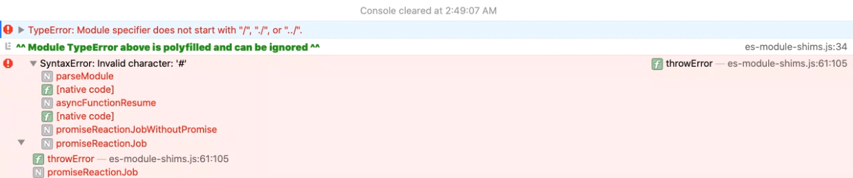 Safari: SyntaxError: Invalid character: '#' · Issue #310 · guybedford/es-module-shims · GitHub