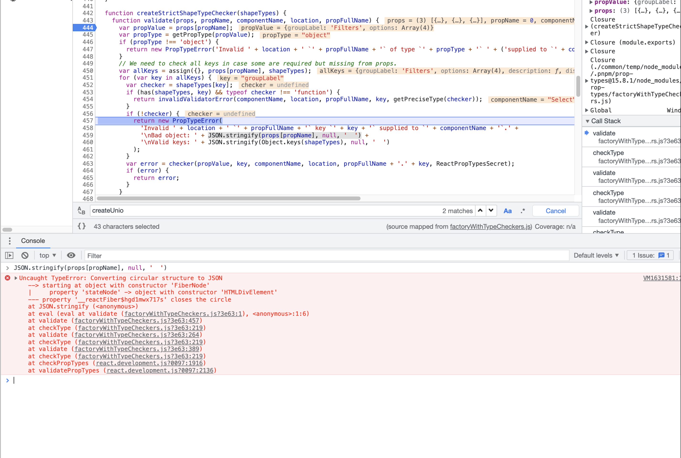 Failed Prop Type Converting Circular Structure To JSON When