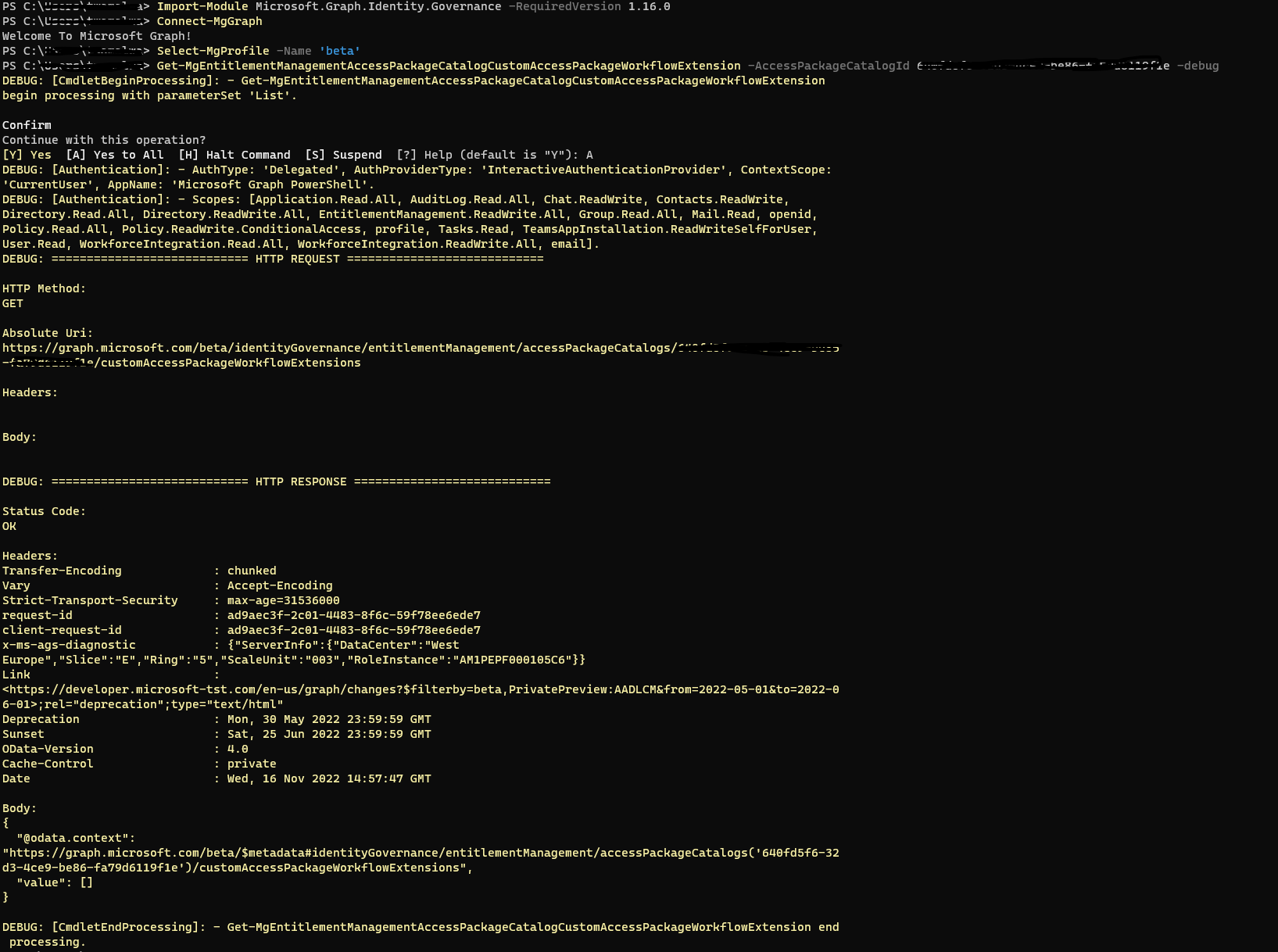 Get-MgEntitlementManagementAccessPackageCatalogCustomAccessPackageWorkflowExtension does not ...