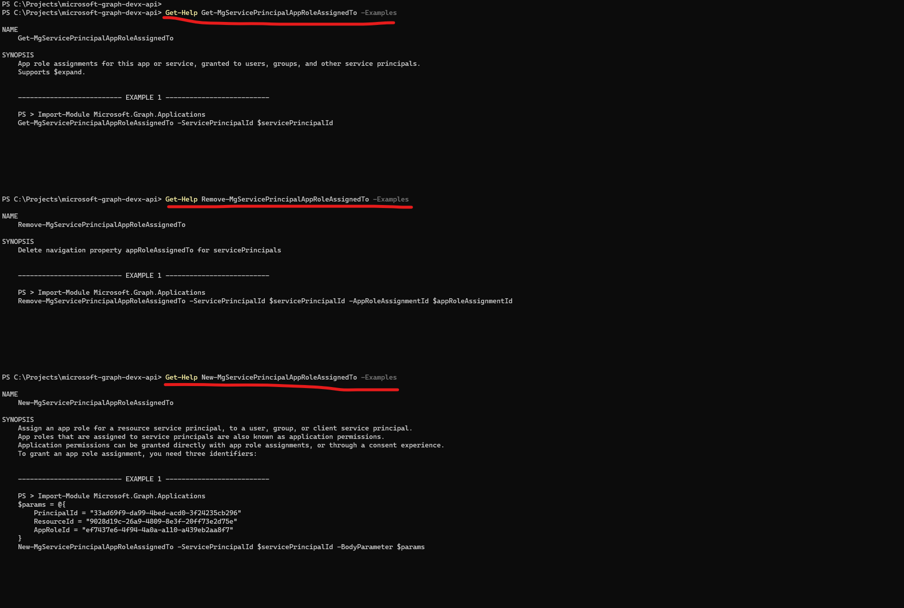 [2.x] In-box help for *-MgServicePrincipalAppRoleAssignedTo cmdlets doesn't have examples ...