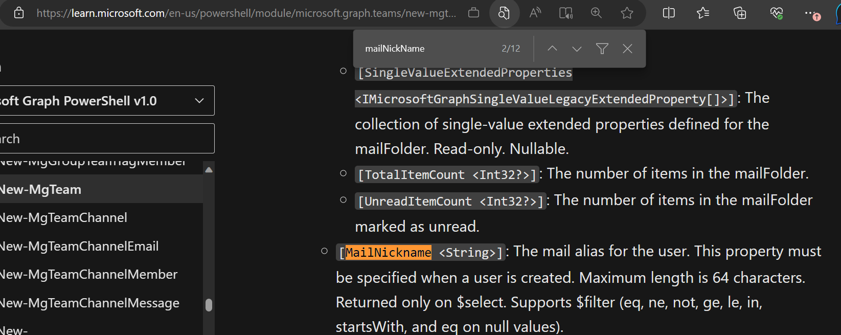 Unsupported Mailnickname Parameter On New Mgteam Documentation · Issue 2301 · Microsoftgraph 