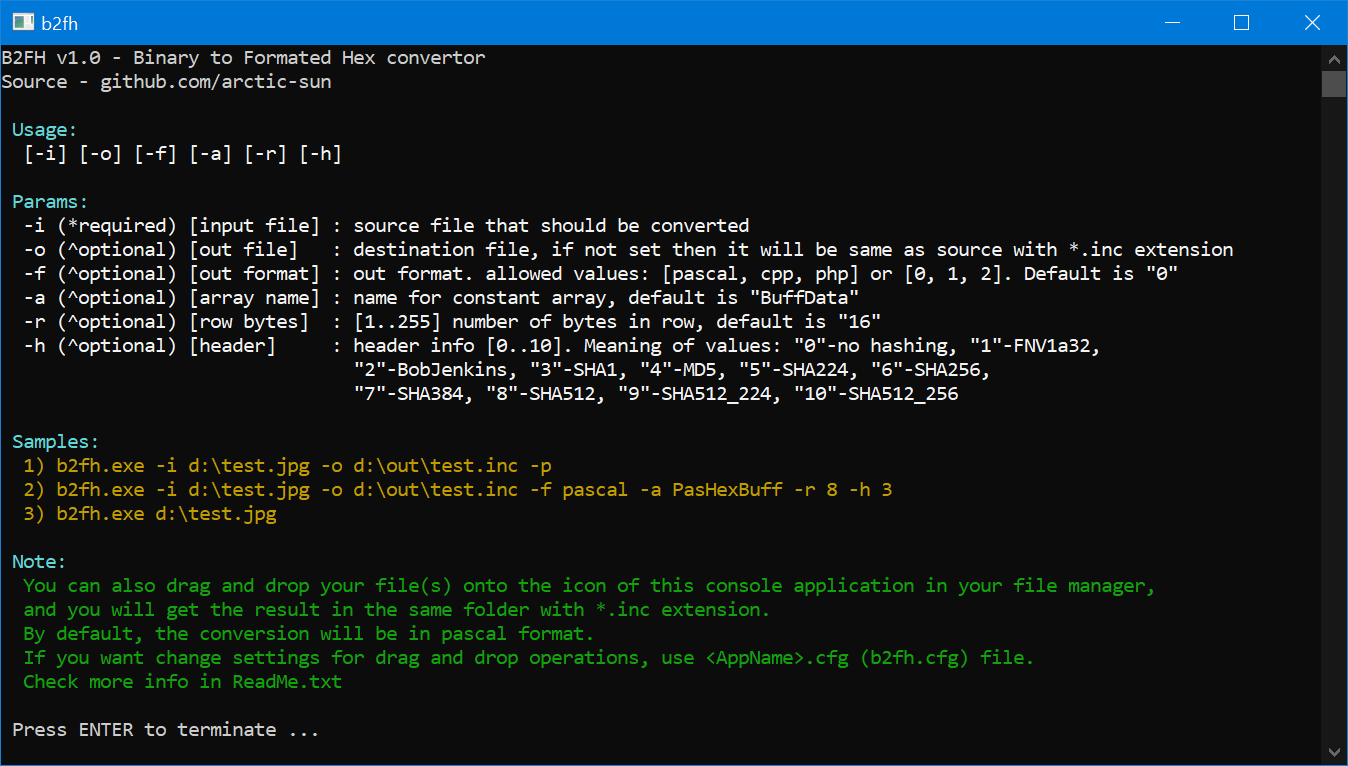 GitHub - arctic-sun/b2fh: Convert binary files to pascal, delphi, c++ ...