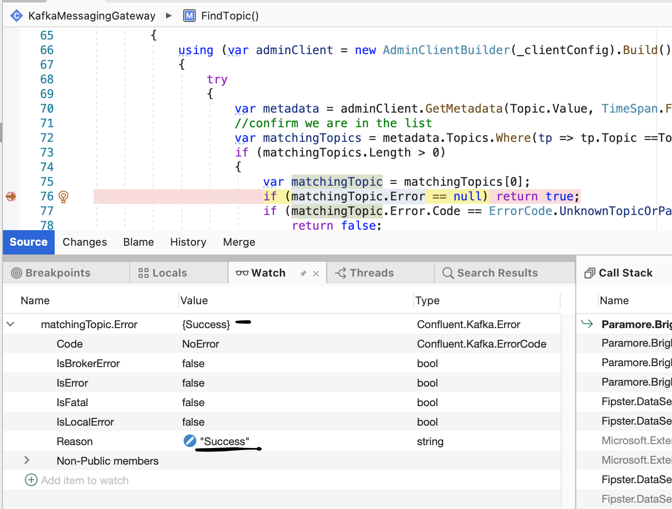 KafkaGateway - FindTopic() logic does not consider when Error is not null but has reason of ...