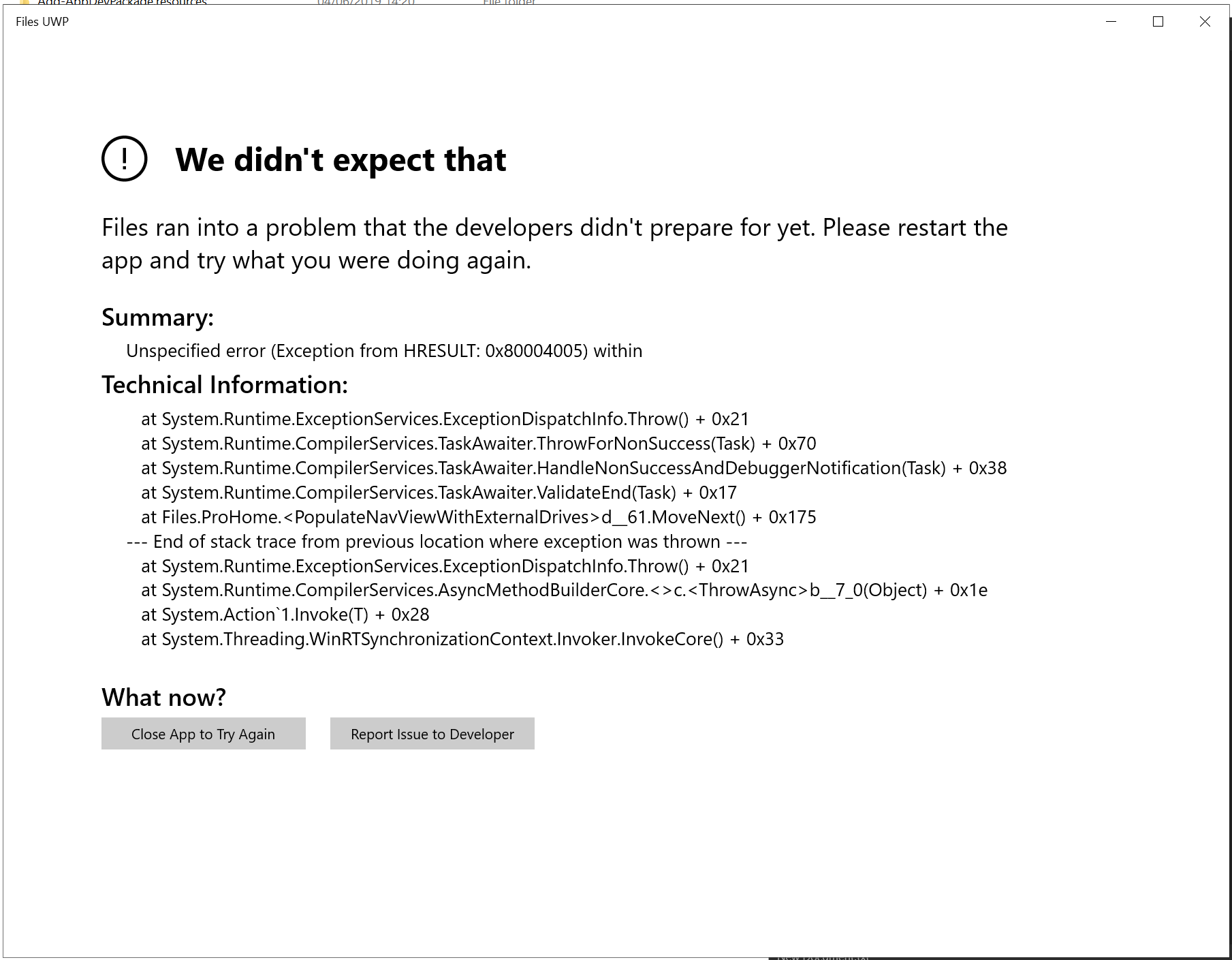 Unexpected error on launch (1903) · Issue #157 · files-community/Files ...