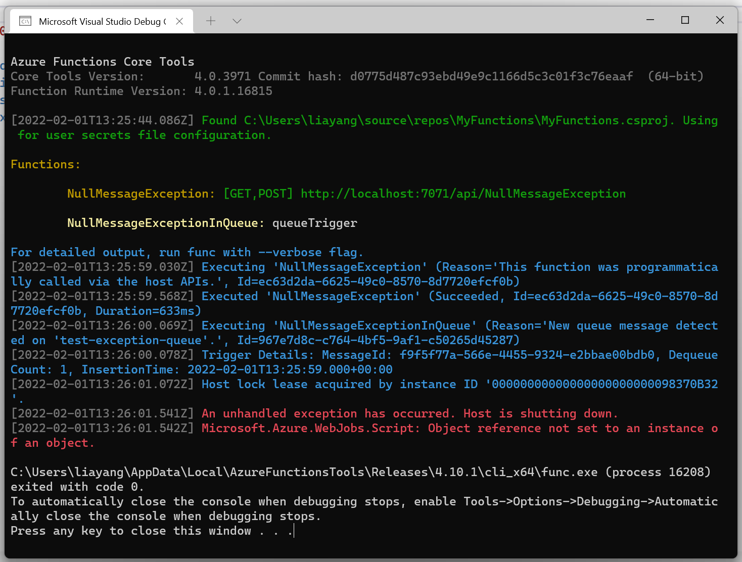 Throwing Exception With Null Message In Non Trigger Causing Functions Host Crash · Issue 