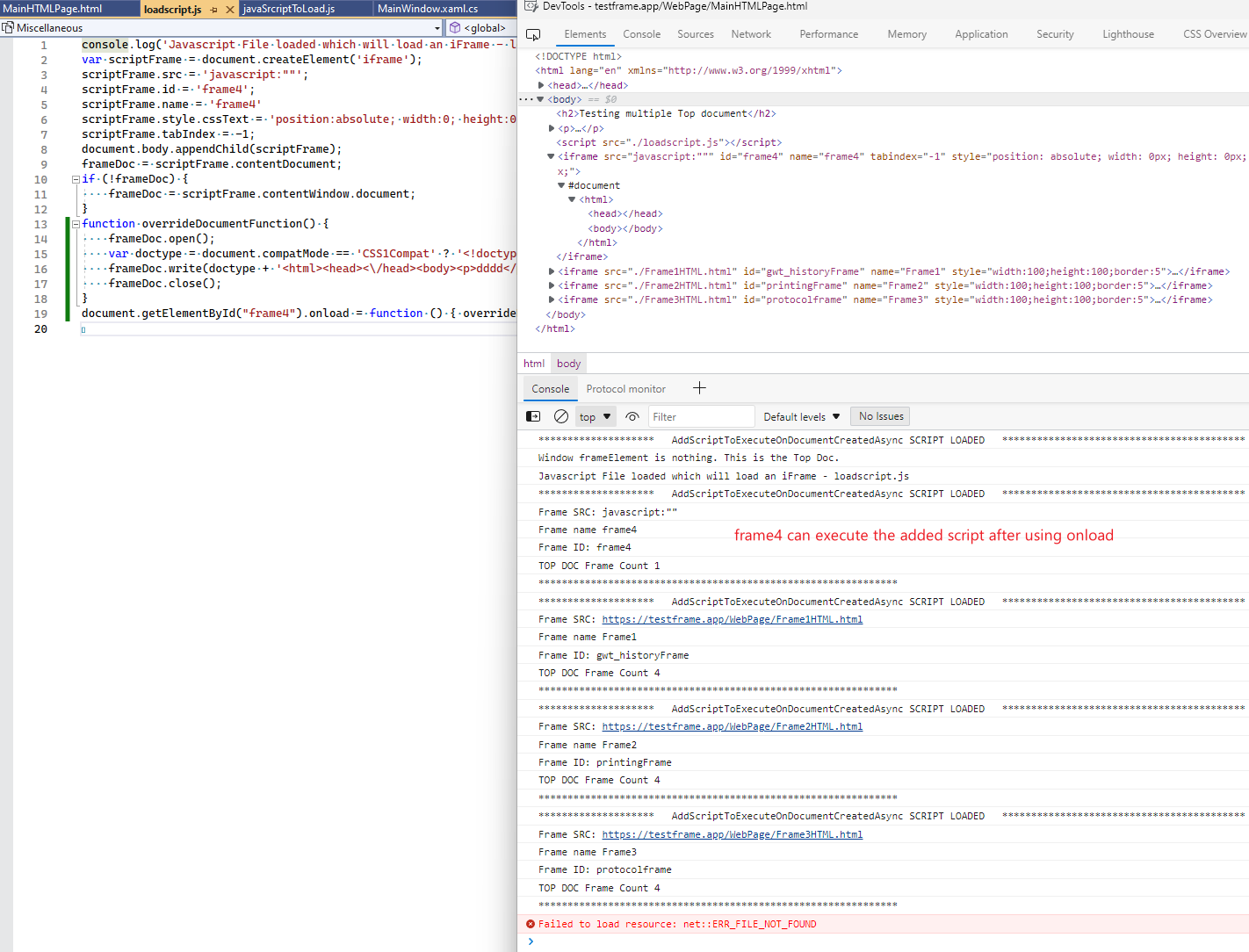 AddScriptToExecuteOnDocumentCreatedAsync does not inject into a child iframe created by script ...