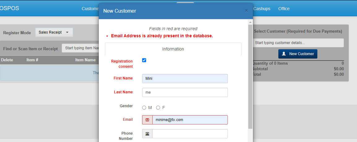 Create Customer from Customer view, recreating the same Customer from Sales allows duplication ...