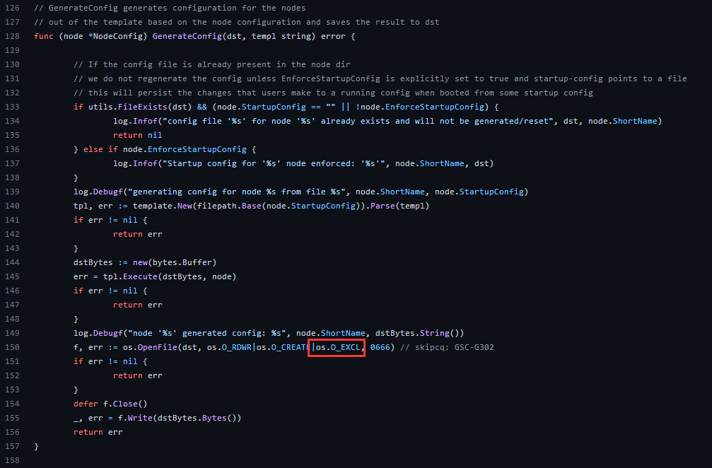 os.O_EXCL flag for os.OpenFile in GenerateConfig(), type.go · Issue #944 · srl-labs/containerlab ...