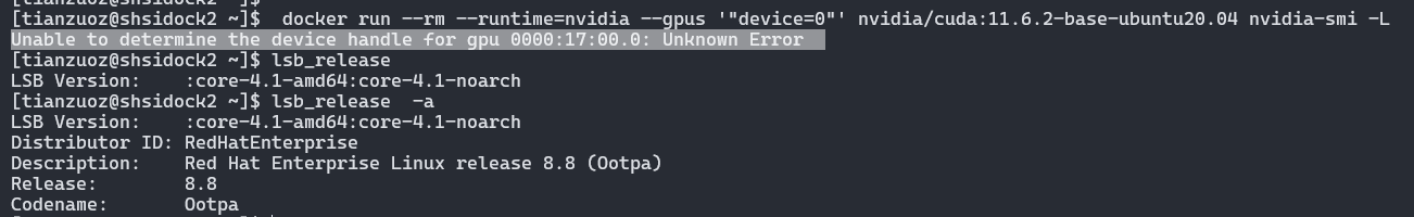 Unable to determine the device handle for GPU0000:65:00.0: Unknown Error -- only from container ...