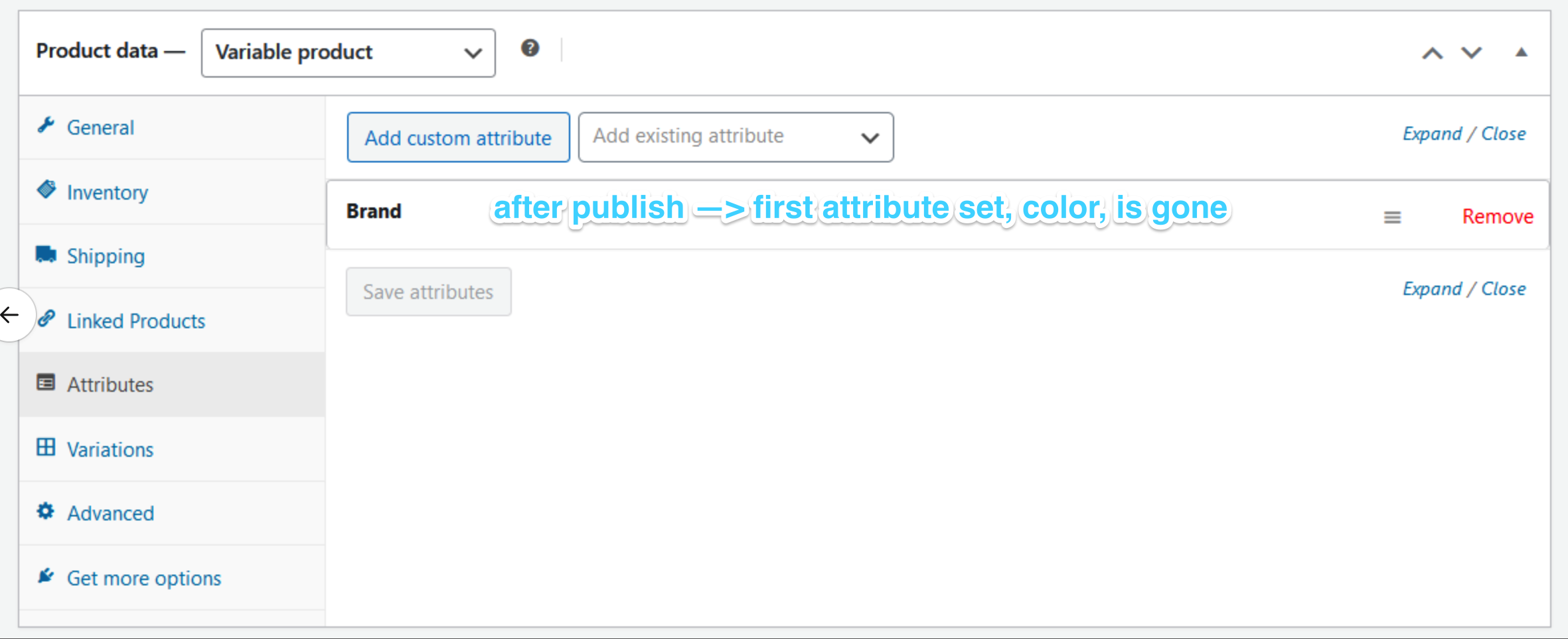 Variable Product Attribute (first in list) not saving with WooCommerce 7.6 · Issue #37761 ...