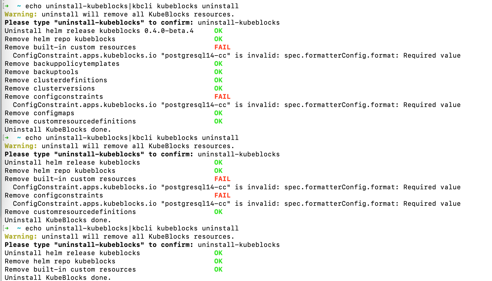 [BUG] `kbcli kubeblocls uninstall` error ConfigConstraint.apps.kubeblocks.io "postgresql14-cc ...