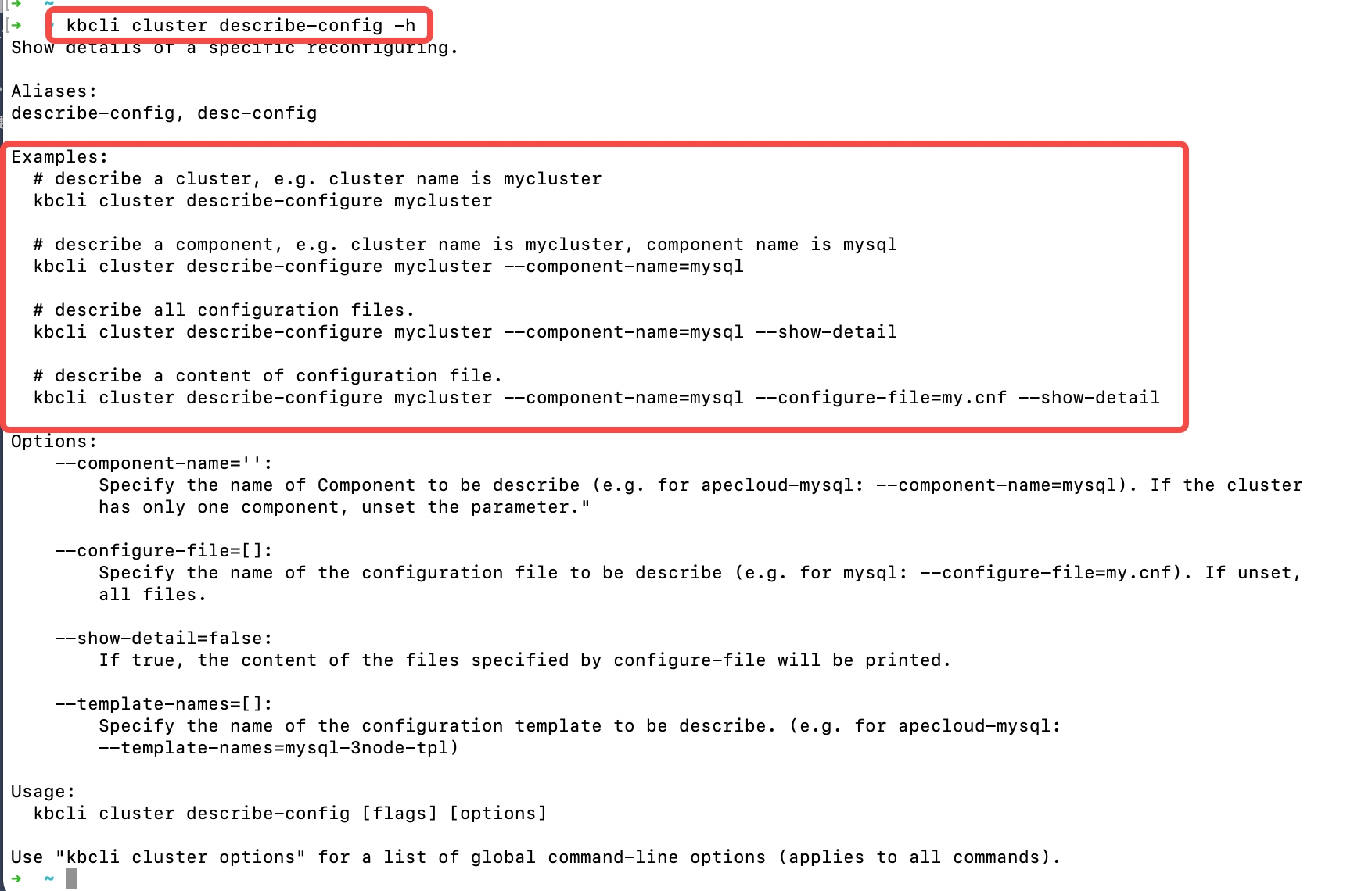 [BUG] The example commands is inconsistent with `describe-config` · Issue #2454 · apecloud ...