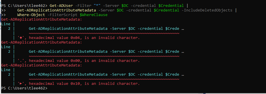 Get-ADReplicationAttributeMetadata error with hexadecimal values when using powershell core ...