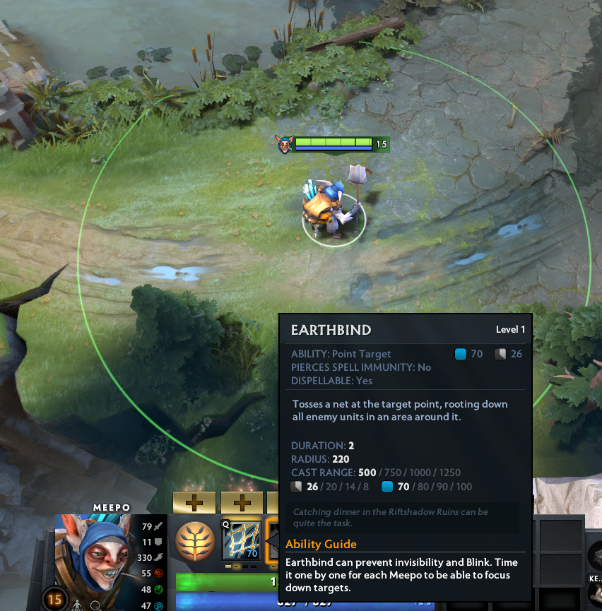 Tooltip for Meepo's Earthbind claims to increase range by 1 when ...