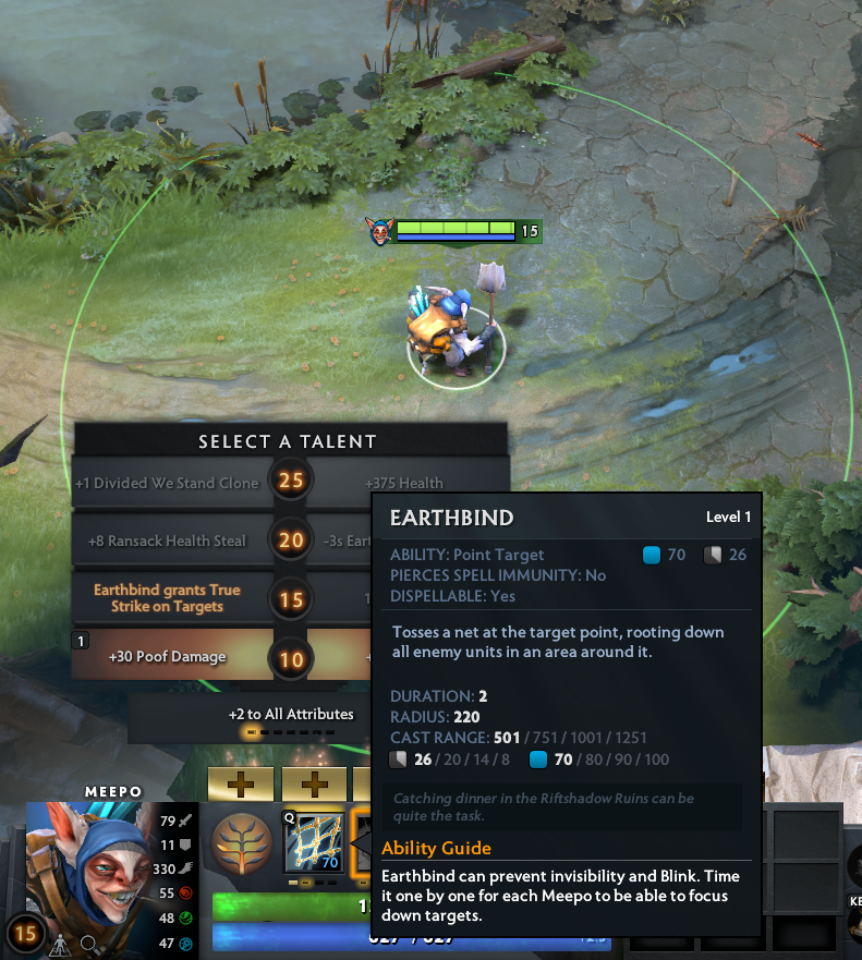 Tooltip for Meepo's Earthbind claims to increase range by 1 when ...