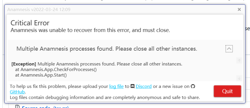 Multiple Anamnesis processes found. Please close all other instances ...
