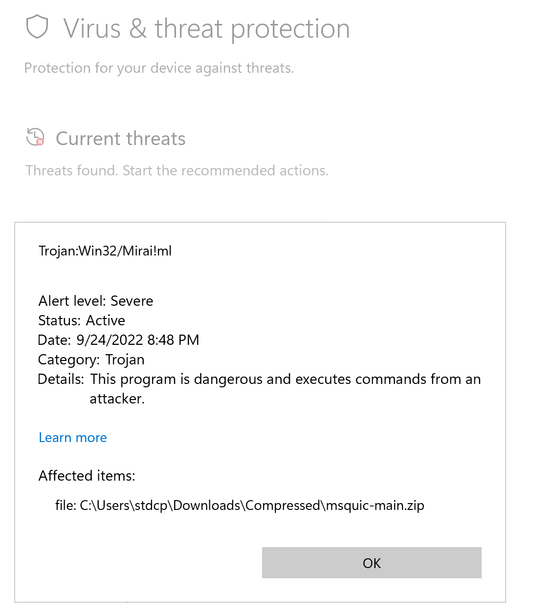 Windows 11 security reports Trojan:Win32/Mirai!ml for msquic source code. · Issue #3077 ...