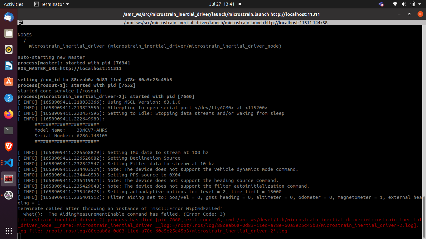an instance of 'mscl::Error_MipCmdFailed' what(): The DeclinationSource command has failed ...